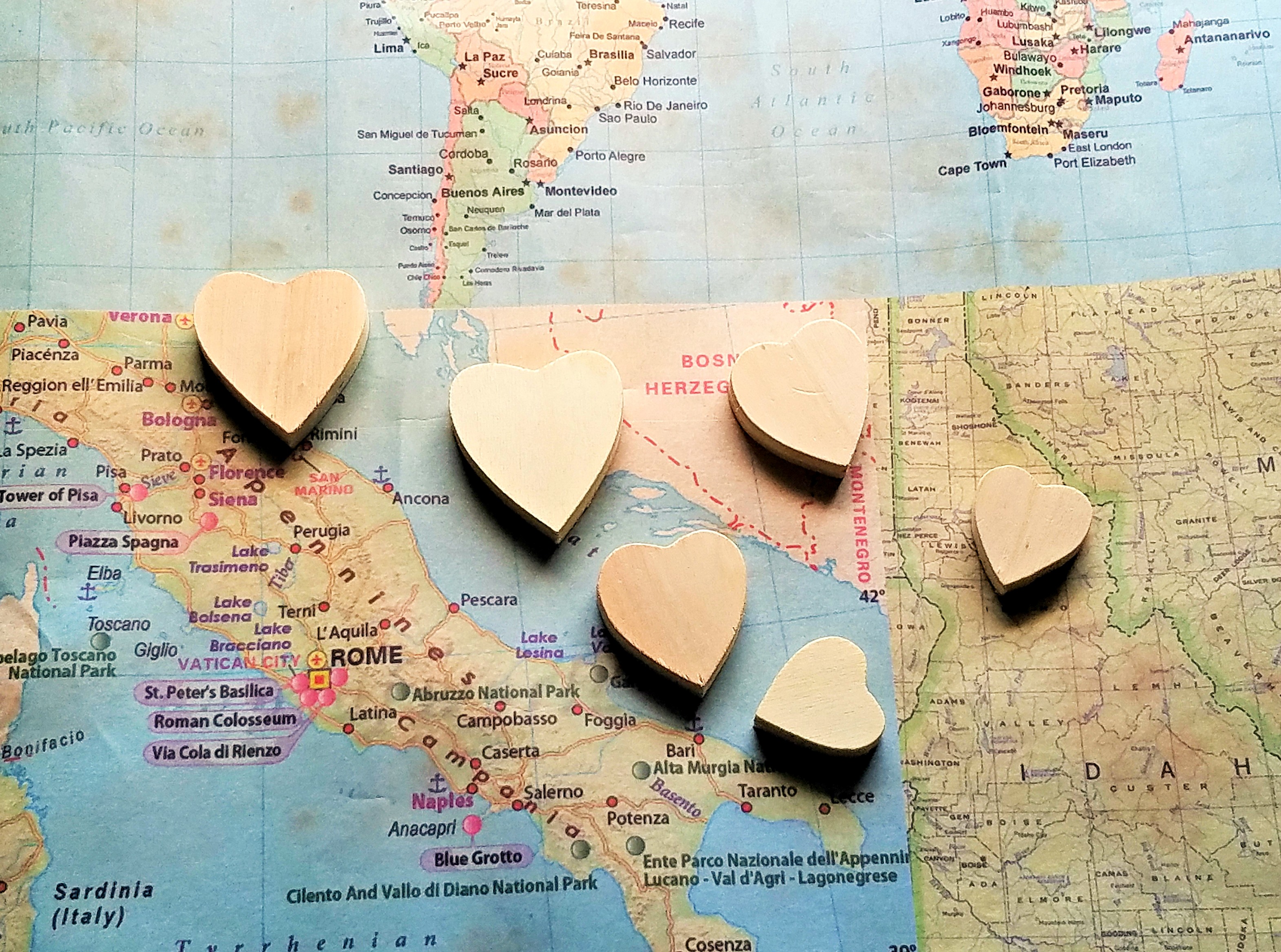 Wood Burned Map Hearts – Wonderful Creations