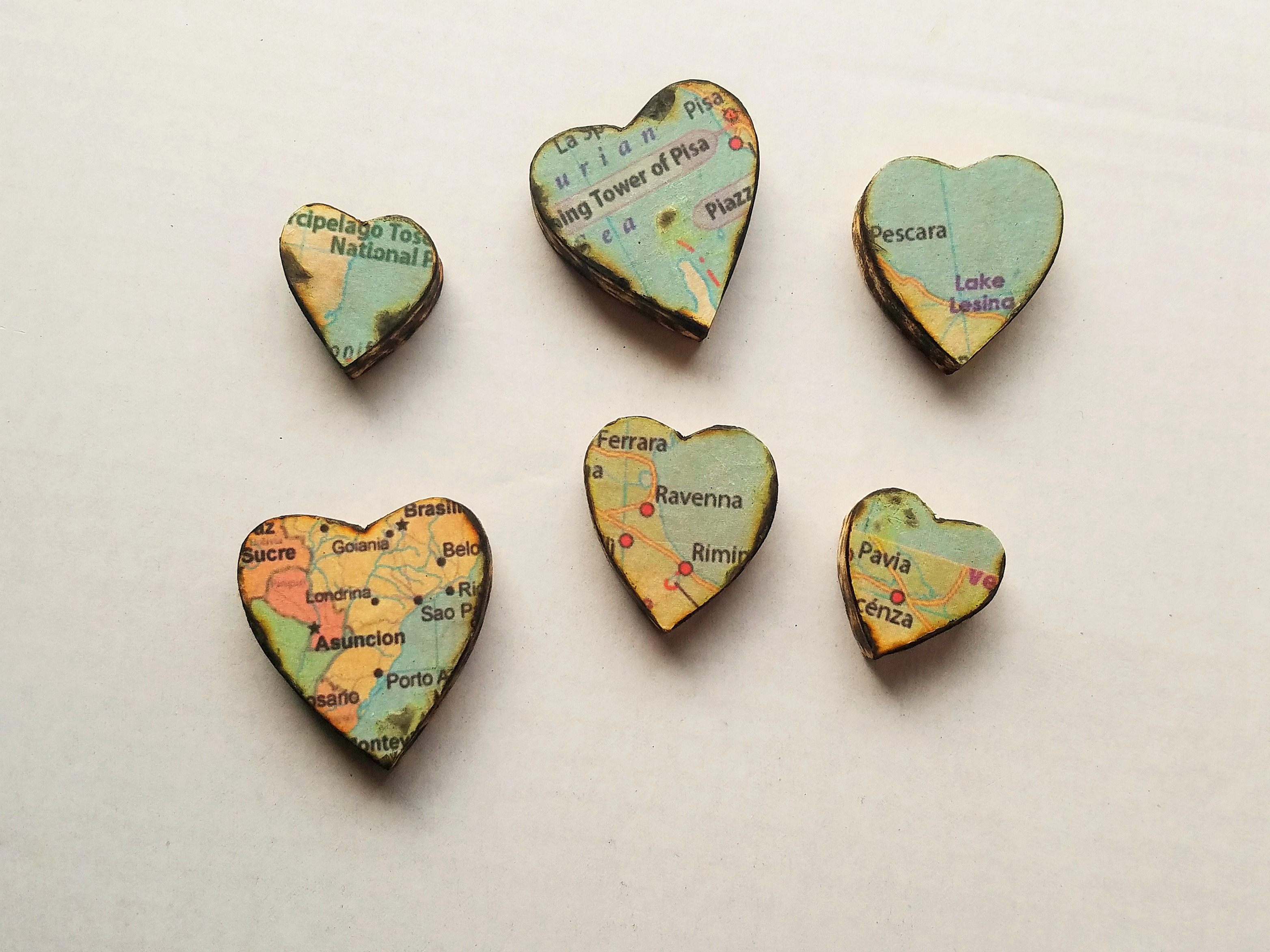 Wood Burned Map Hearts – Wonderful Creations