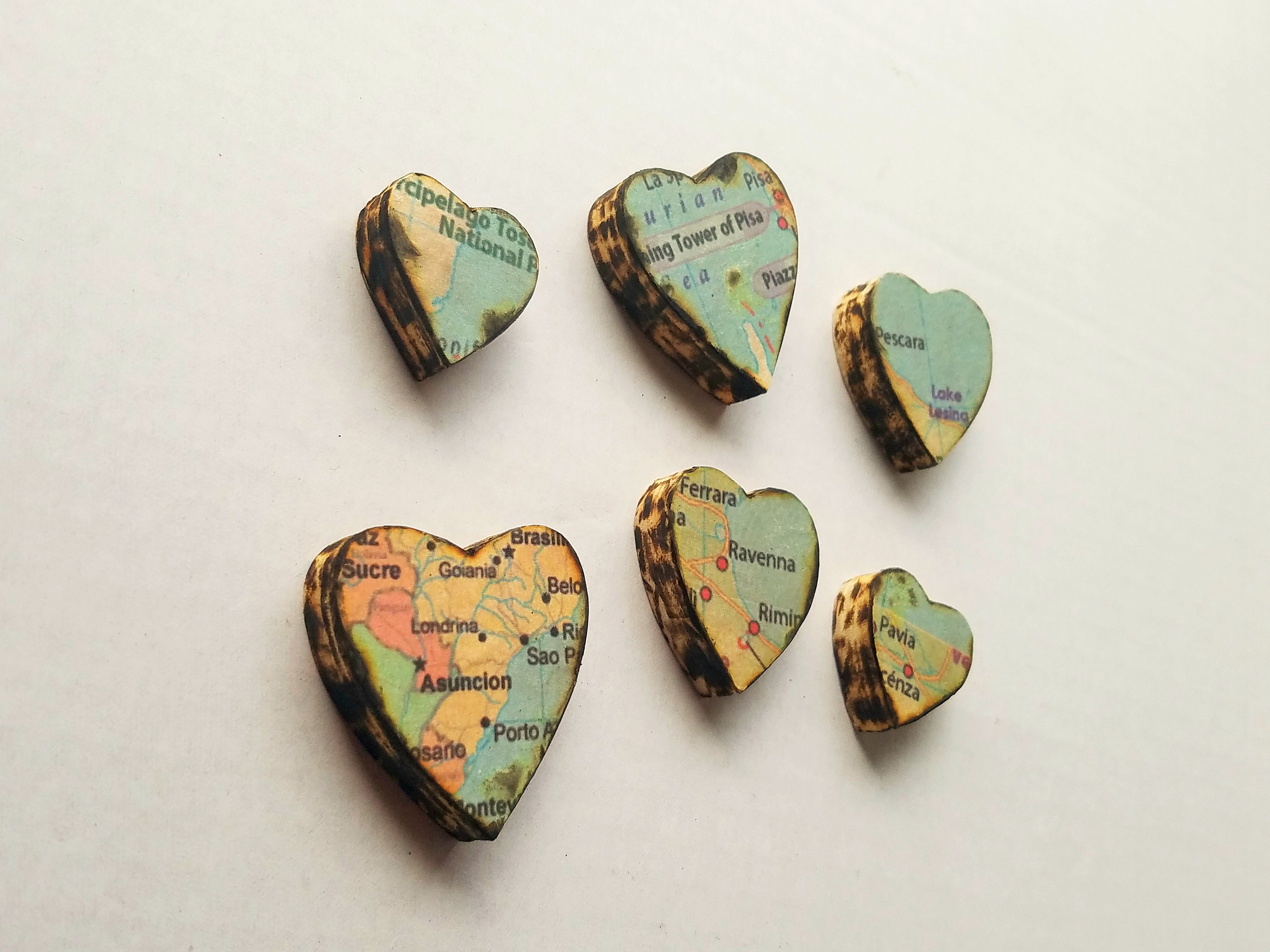 Wood Burned Map Hearts – Wonderful Creations